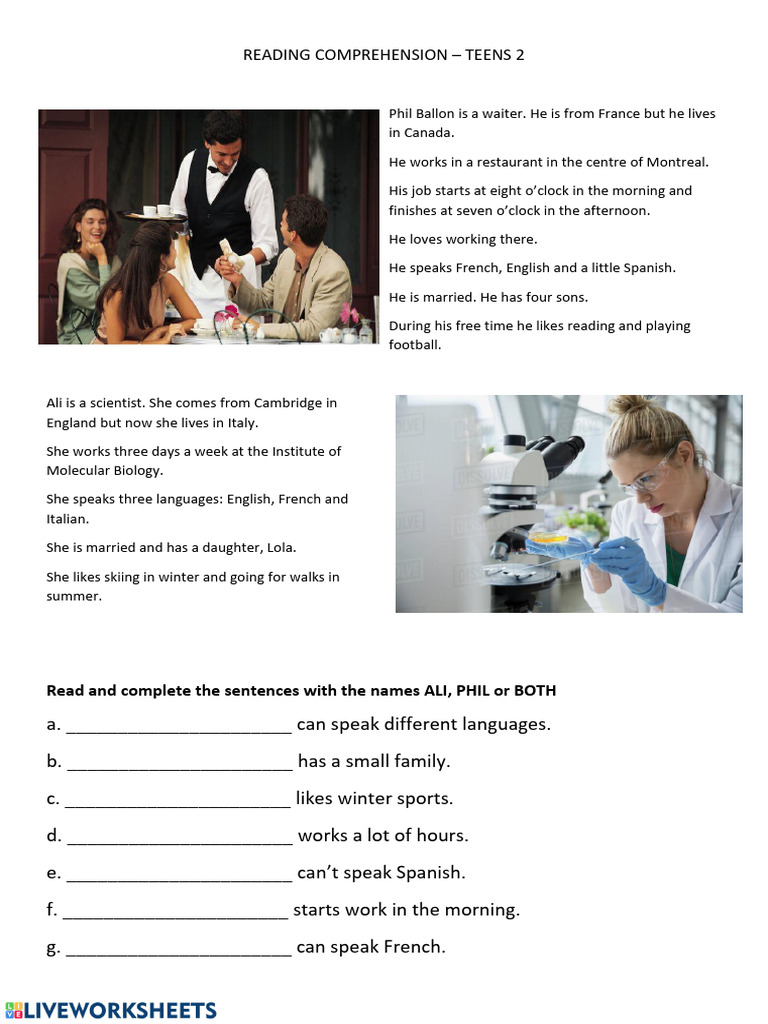 Reading Comprehension Teens 2: His Job Starts at Eight O'clock in The ...