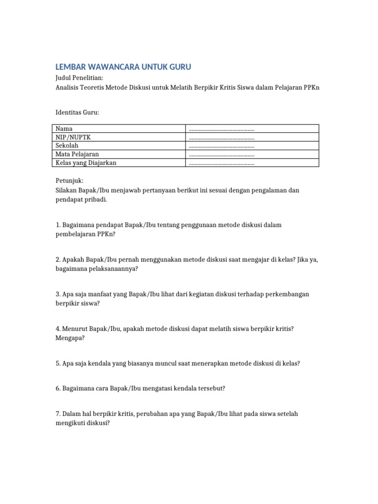 Lembar Wawancara Guru Metode Diskusi | PDF