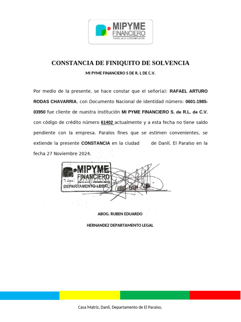 Constancia de Finiquito de Pago Hector Yanez | PDF