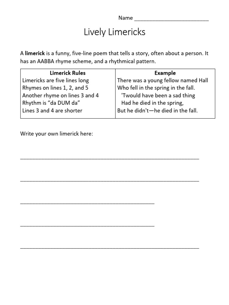 Limerick Writing Worksheet | PDF