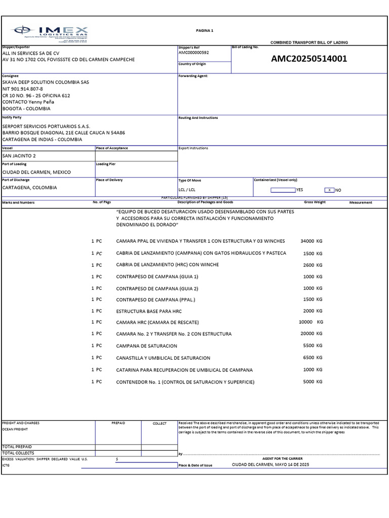 Amc0592 Skava - BL Amc20250514001 | PDF | Cargo | Bill Of Lading