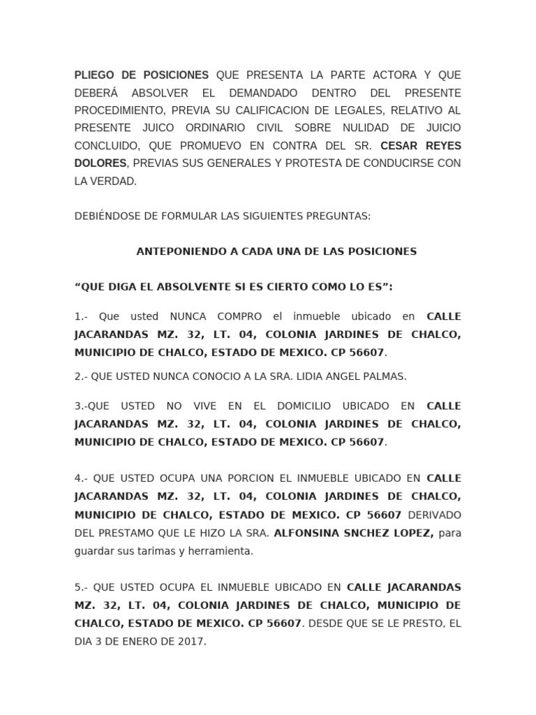 Pliego de Posiciones Que Presenta La Parte Actora y Que Deberá Absolver El Demandado Dentro Del ...