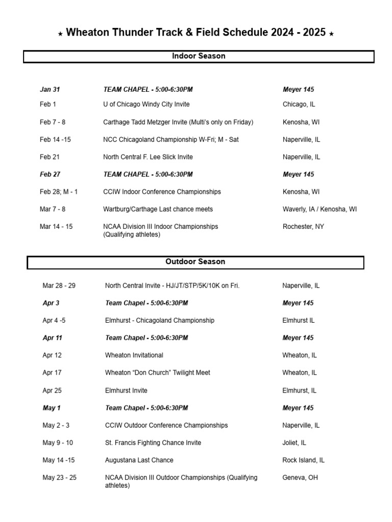 Wheaton Thunder Track & Field Schedule 2024 - 2025 | PDF