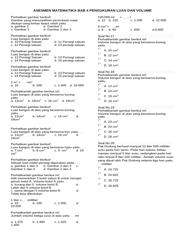 ASESMEN MATEMATIKA BAB 4 PENGUKURAN LUAS DAN VOLUME | PDF