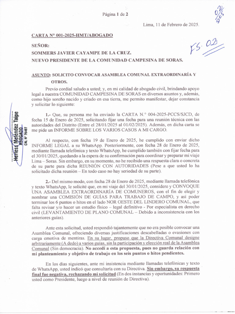 Carta 01-2025 - Solicitando Asamblea Comunal Extraordinaria - Sommers Cayampe - Soras855 | PDF