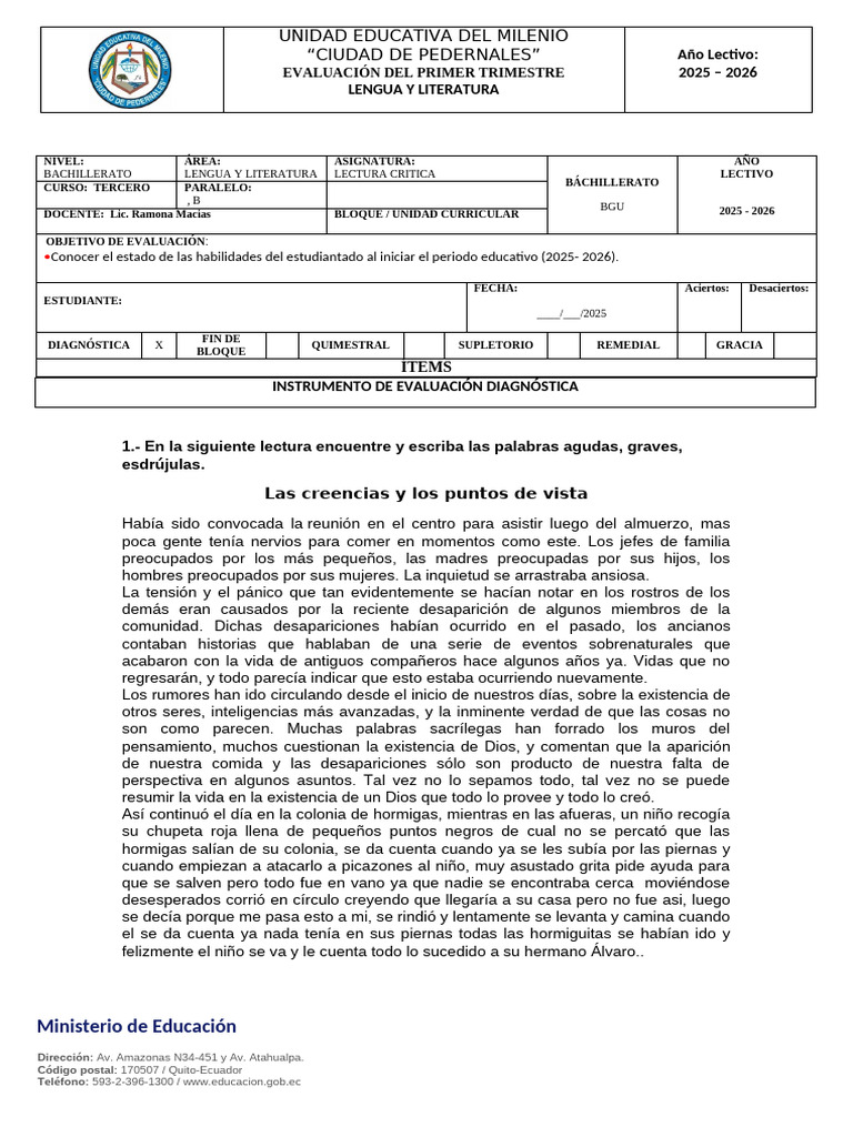 600158395-Evaluacion-diagnostica-de-LL-2022-2023-1-LECT-CRITICA-3RO-BGU | PDF