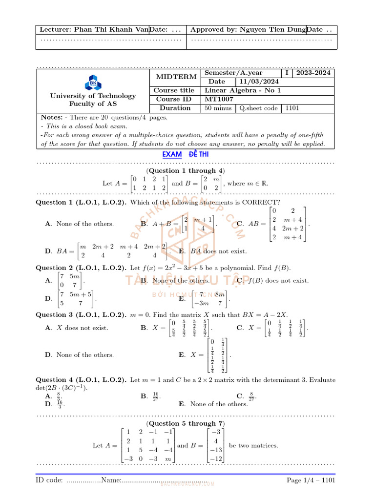 Mid Alg 233 | PDF | Basis (Linear Algebra) | Linear Subspace