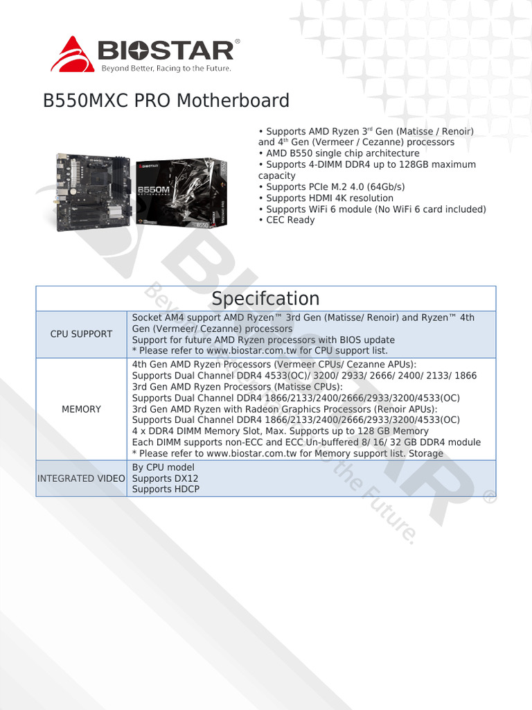 Biostar B550MXC Pro Spec | PDF | Usb | Hdmi