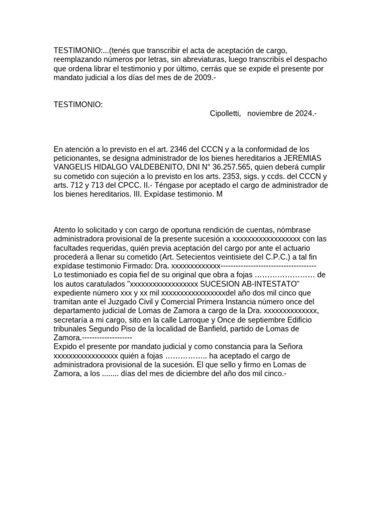 Modelo de Testimonio Administrador | PDF