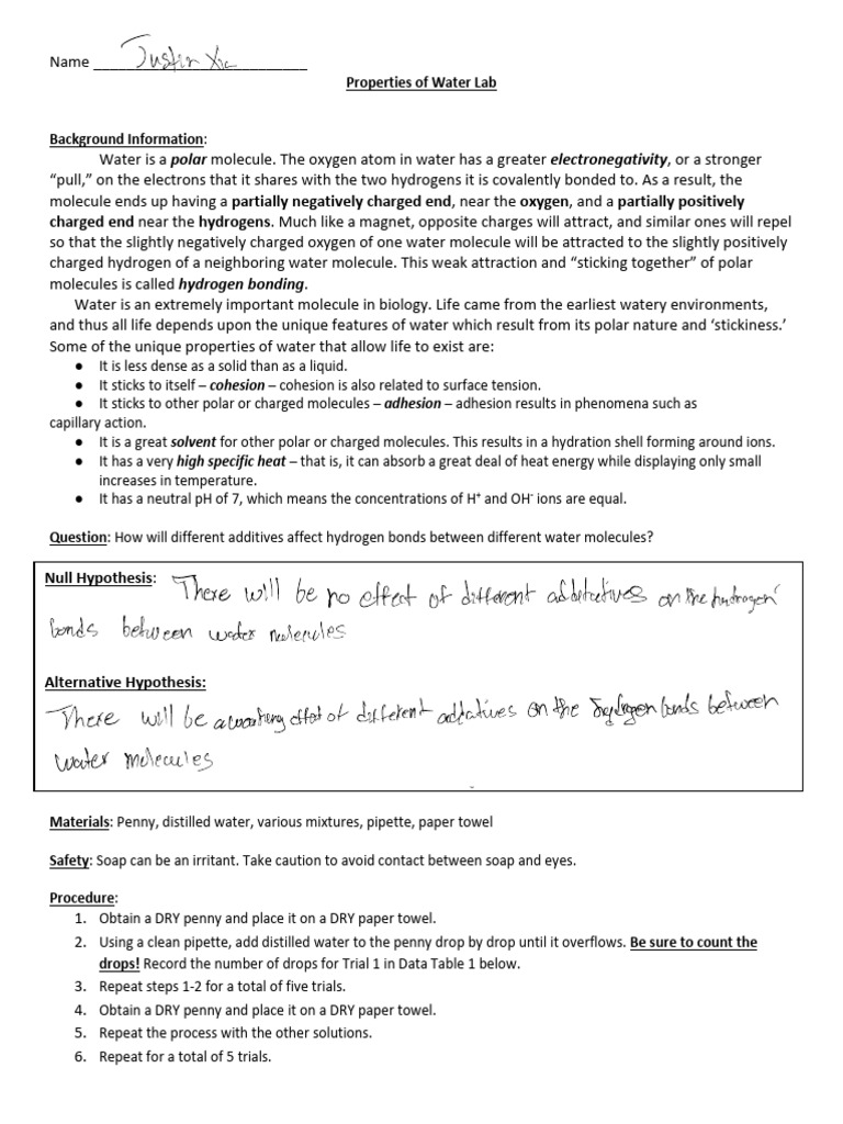 Properties of Water Lab With Stats | PDF | Chemical Polarity ...