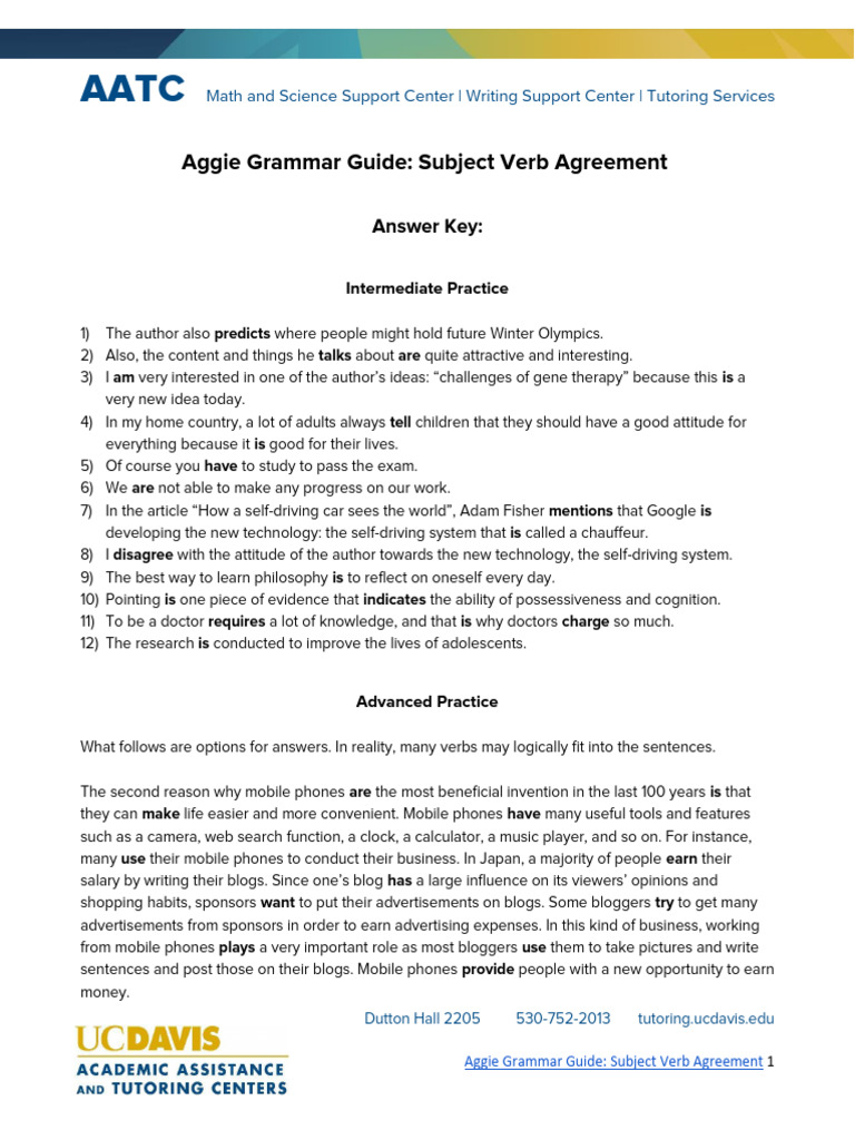AGG Subject Verb Agreement Answer Key - 0 | PDF | Blog | Advertising