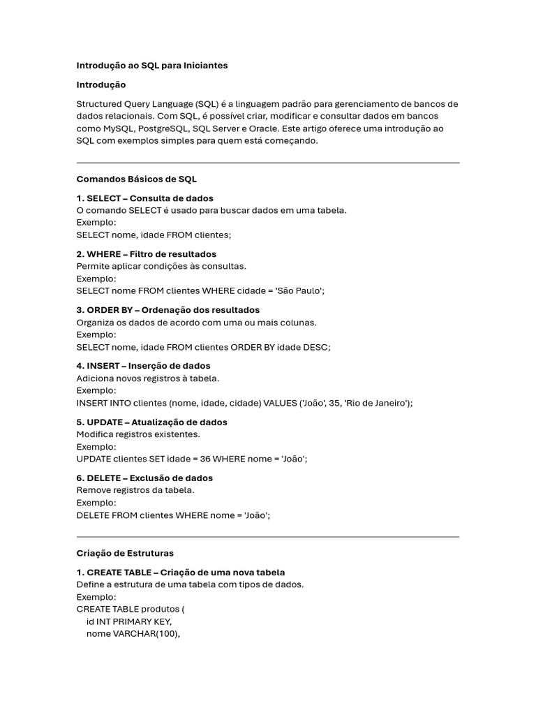 Introdução Ao SQL para Iniciantes | PDF | SQL | Recuperação de informação