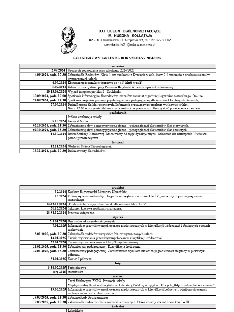 Plan Pracy i Kalendarz 2024 25 Int — Kopia | PDF