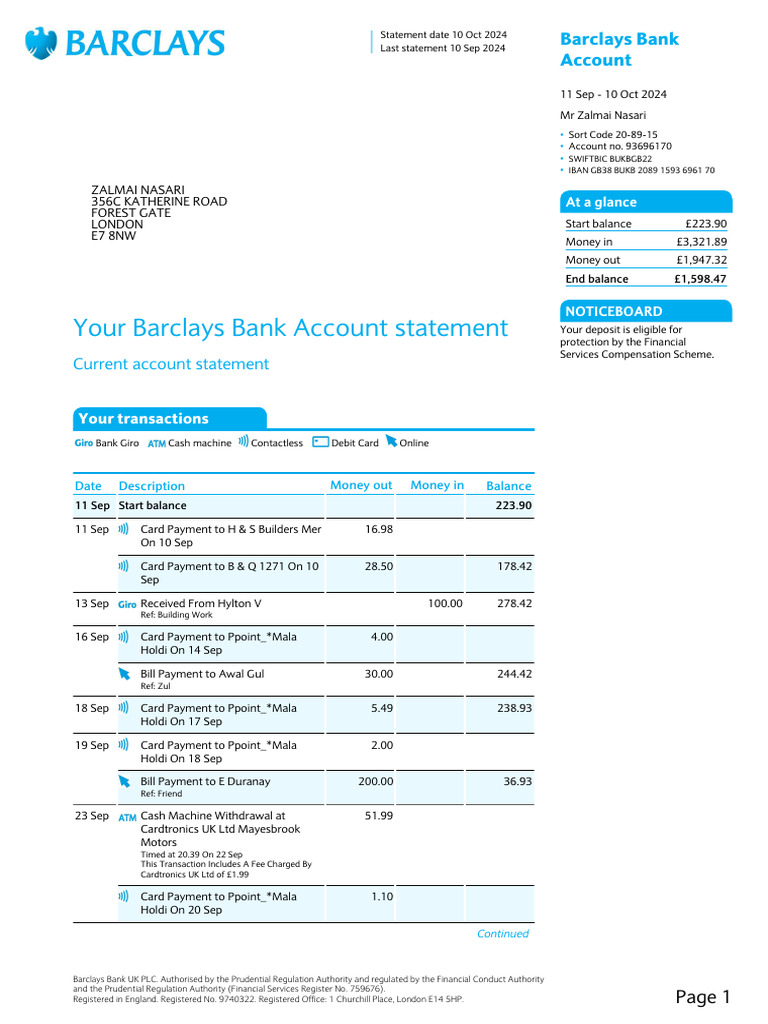Statement 10-OCT-24 AC 93696170 13155442S | PDF | Overdraft | Debit Card