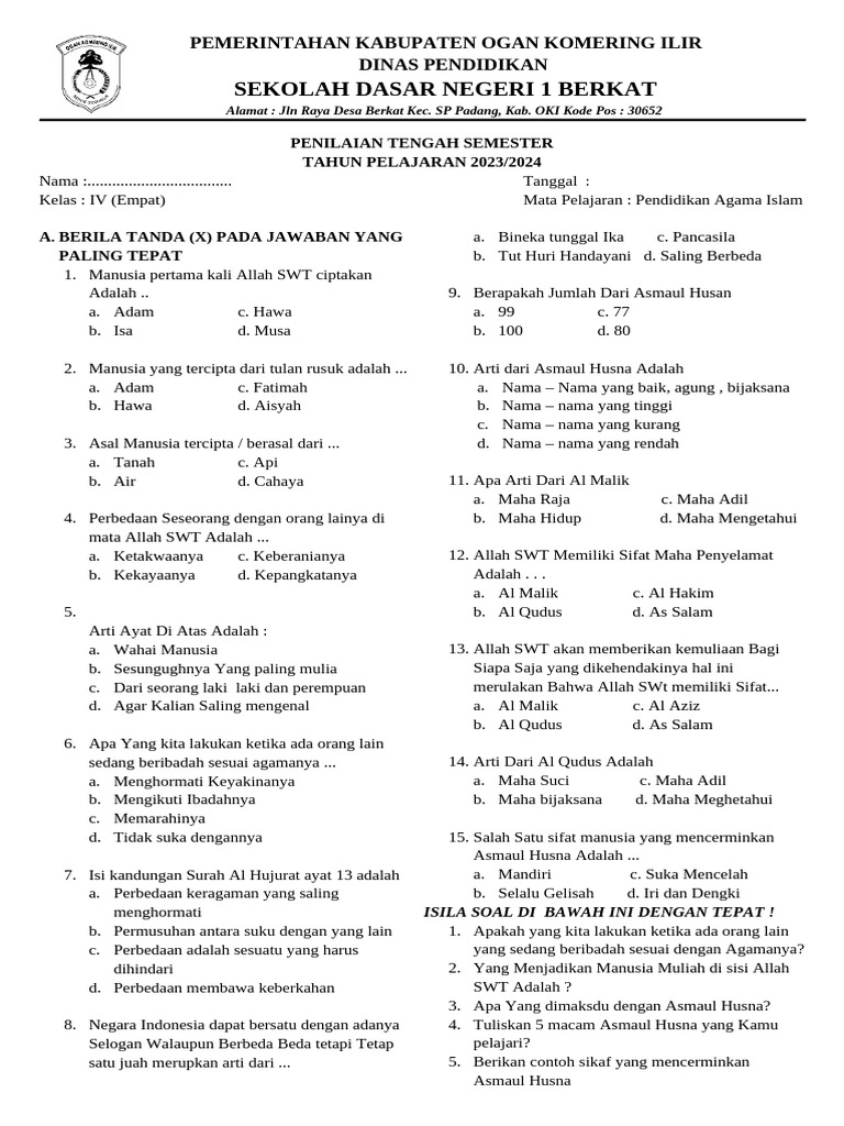 SOAL MID PAI KELAS 4 | PDF