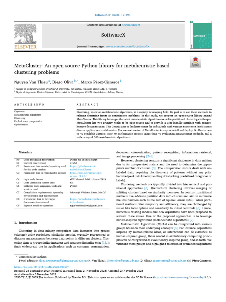 MetaCluster - An Open-Source Python Library For Metaheuristic-Based Clustering Problems | PDF ...