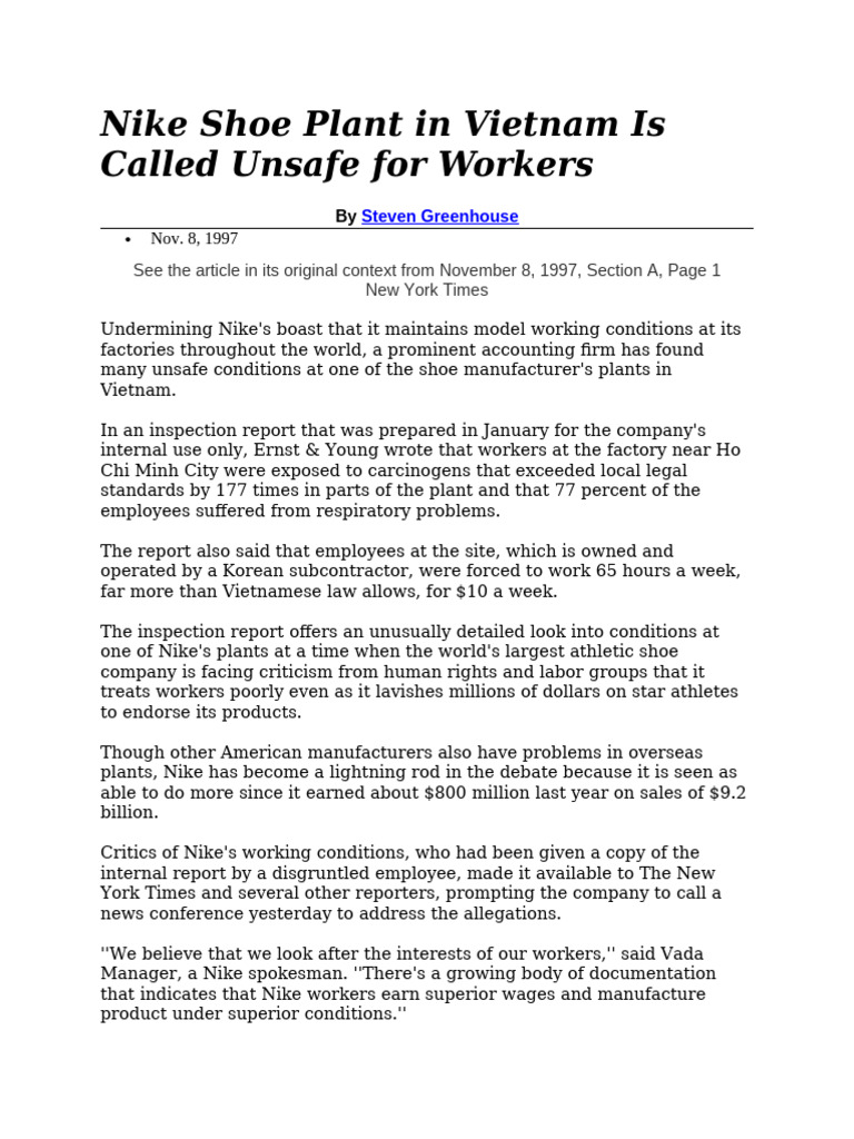 Article Nike Shoe Plant Called Unsafe For Workers-1 | PDF | Nike