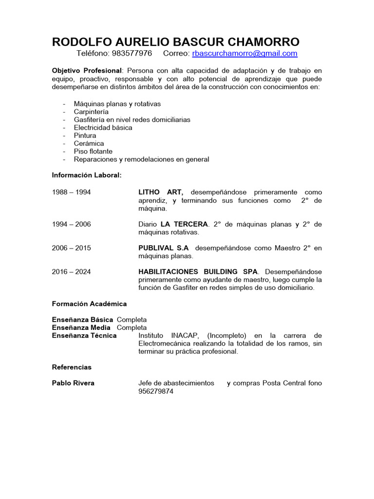 Rodolfo Aurelio Bascur Chamorro Curriculum | PDF