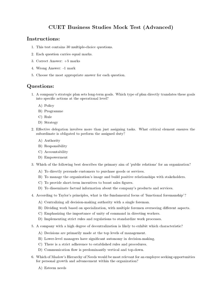 CUET Business Studies Mock Test | PDF | Marketing | Entrepreneurship