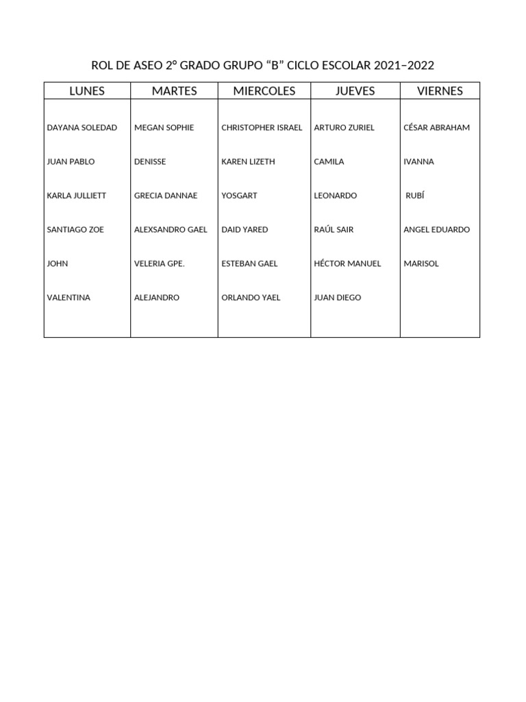 ROL DE ASEO 2 B 2021-2022 | PDF