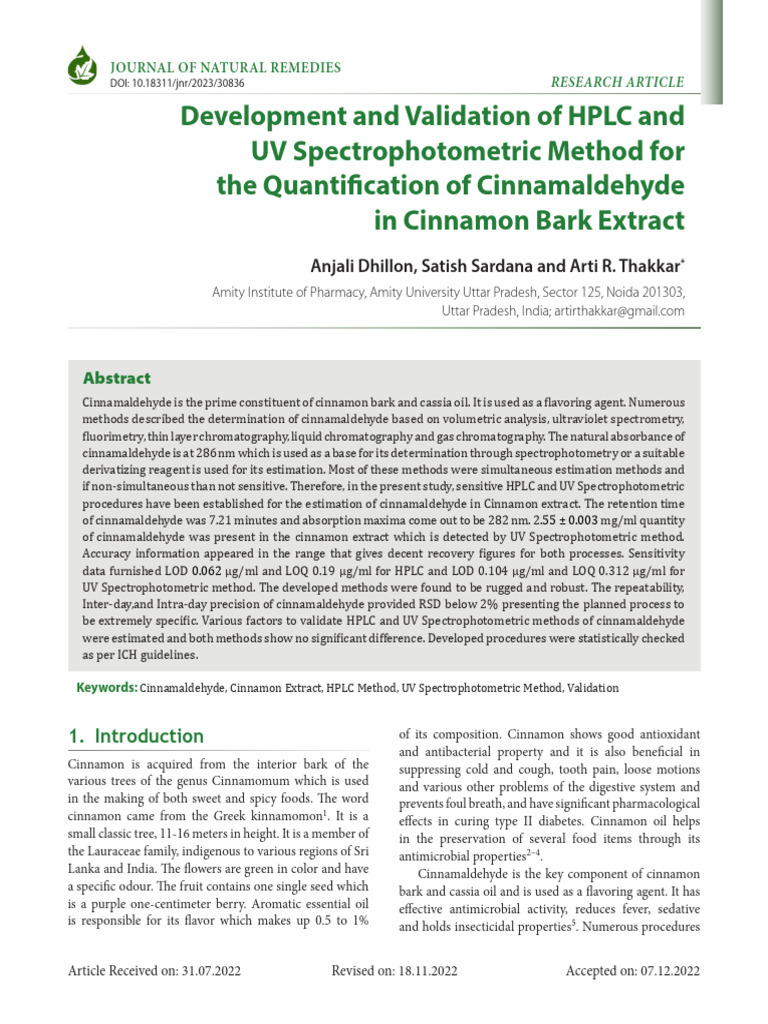 HPLC and UV Methods for Cinnamaldehyde Quantification | PDF | Detection ...