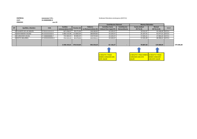 3 - Ejemplo de Planilla Sindical | PDF | Relaciones Industriales | Sindicato