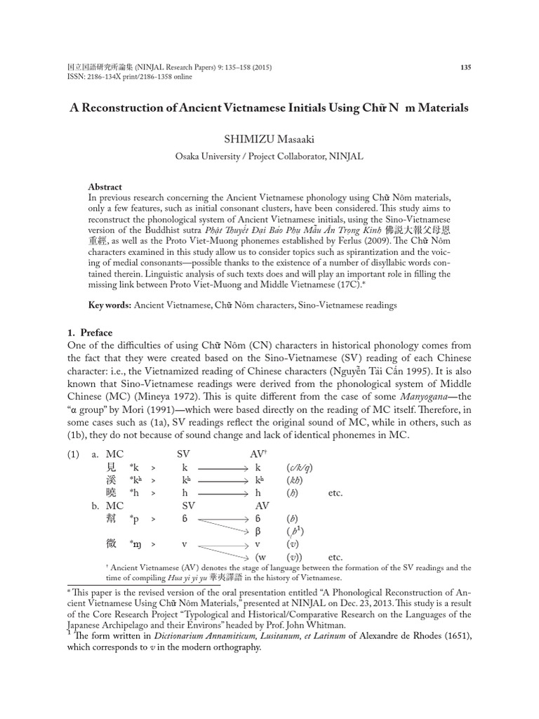 A Reconstruction of Ancient Vietnamese I | PDF | Vietnamese Language ...