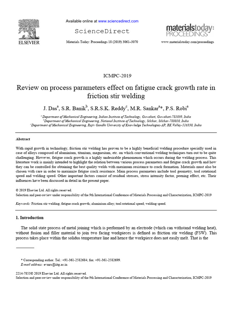 Review On Process Parameters Effect On Fatigue Crack Growth Rate in Friction Stir Welding | PDF ...