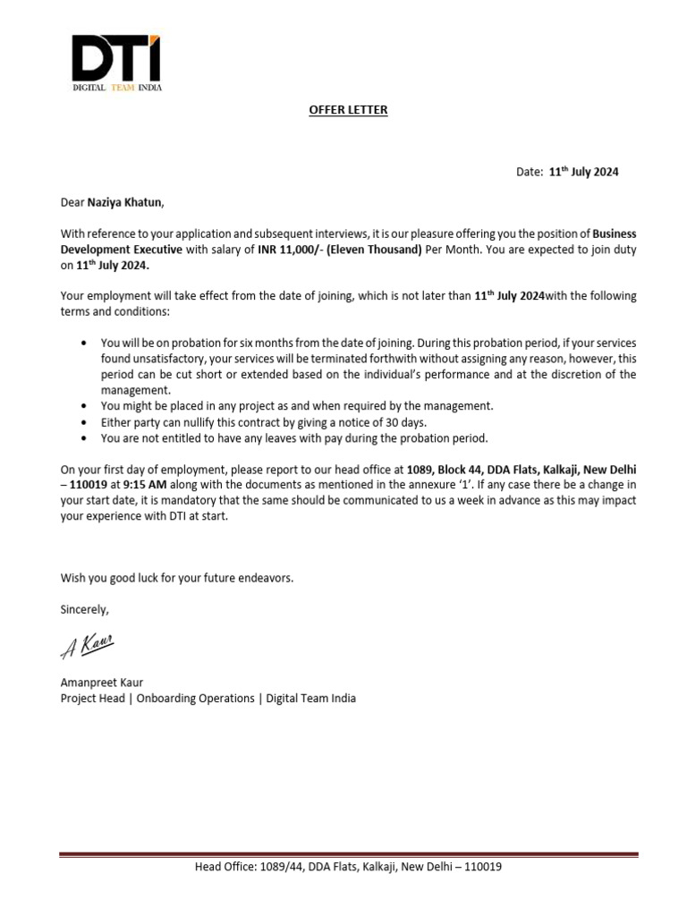 Offer Letter - Naziya Kahtun | PDF