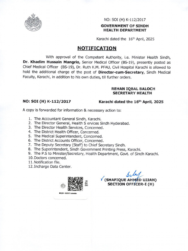 Additional Charge of The Post of Director CUM-Secretary, SMF, Karachi in Respect of Dr. Khadim ...