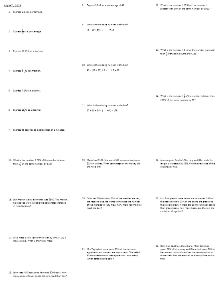P5 Math Practice On Percentage Fraction Decimal Etc | PDF | Percentage | Elementary Mathematics