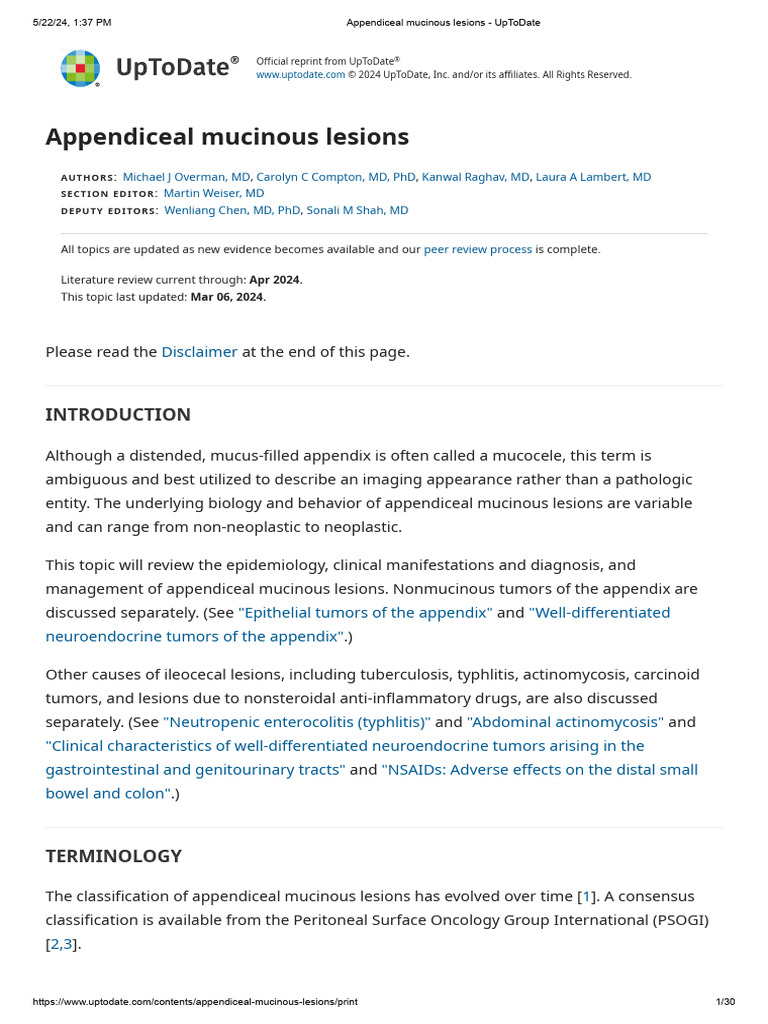 Appendiceal Mucinous Lesions - UpToDate | PDF | Neoplasms | Metastasis