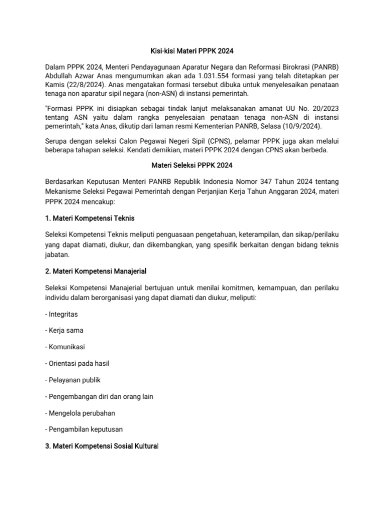 Kisi-Kisi Materi PPK 2024 | PDF