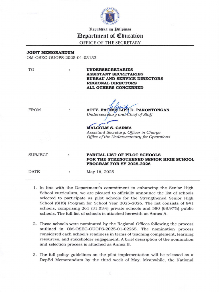 (16 May 2025) Partial List of Pilot Schools For SSHS - CO-1A-2025!05 ...