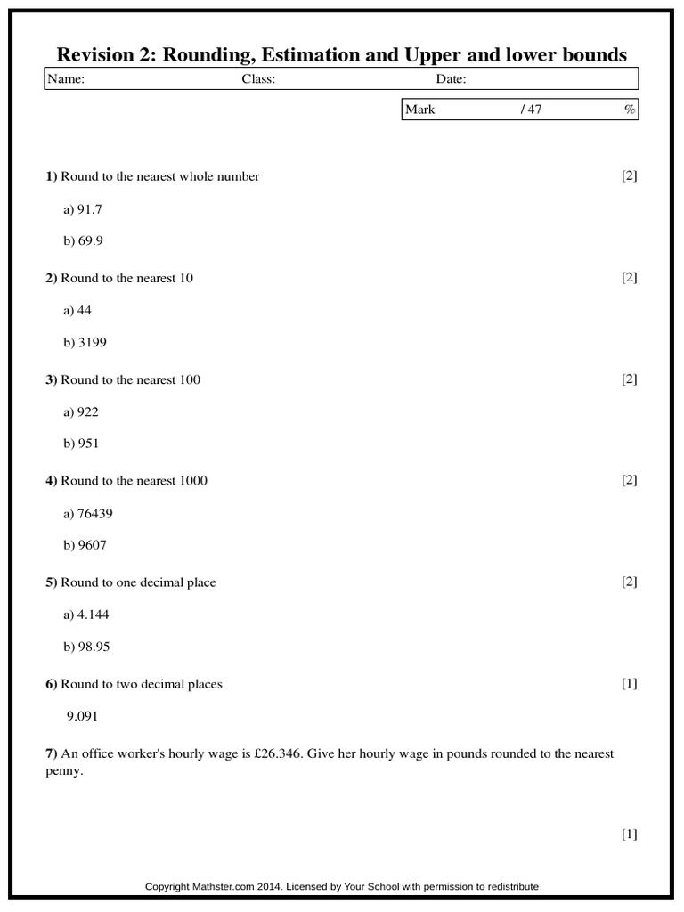 Revision 2 Rounding, Estimation and Upper and Lower Bounds With Answers ...