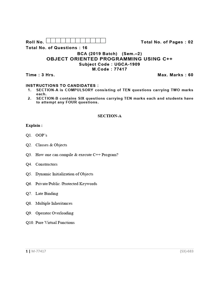 Bca 2 Sem Object Oriented Programming Using CPP 77417 Dec 2020 | PDF | C++ | Object Oriented ...