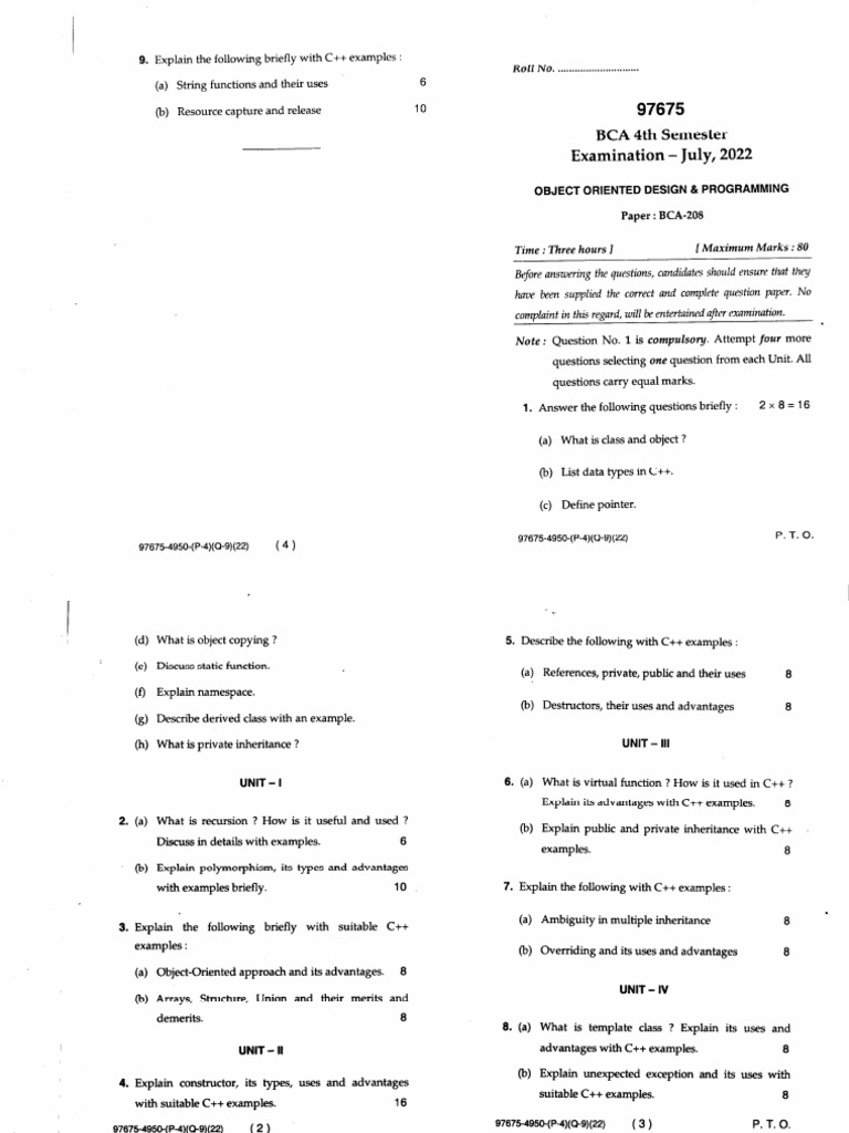 bca 4th sem july 2022 object oriented design & programming 97675 | PDF