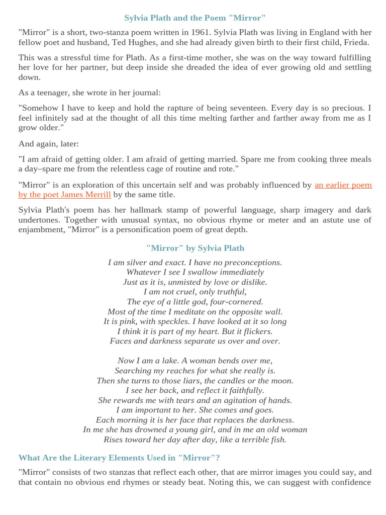 'Mirror' by Sylvia Plath | PDF | Sylvia Plath | Mirror
