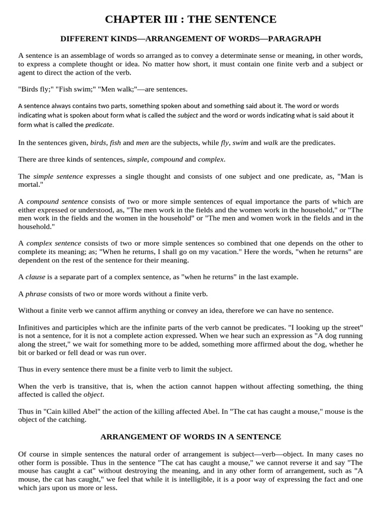 CHAPTER III - THE SENTENCE | PDF | Verb | Grammatical Number