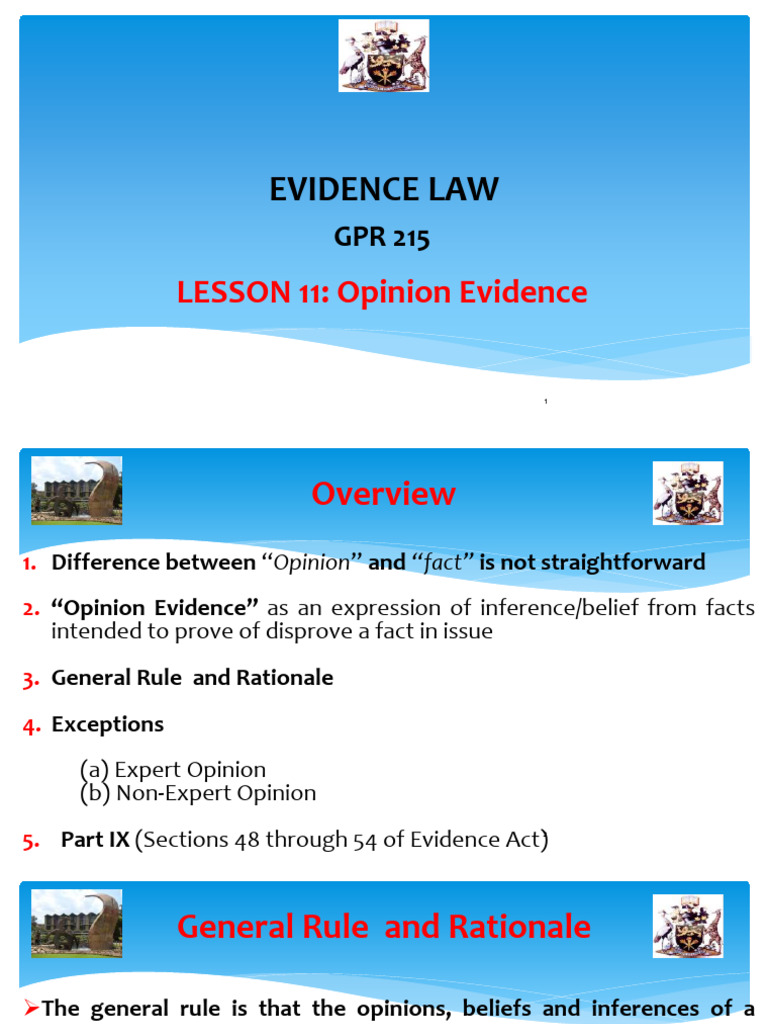 Lesson 11 - Opinion Evidence 221119 | PDF | Expert Witness | Evidence (Law)