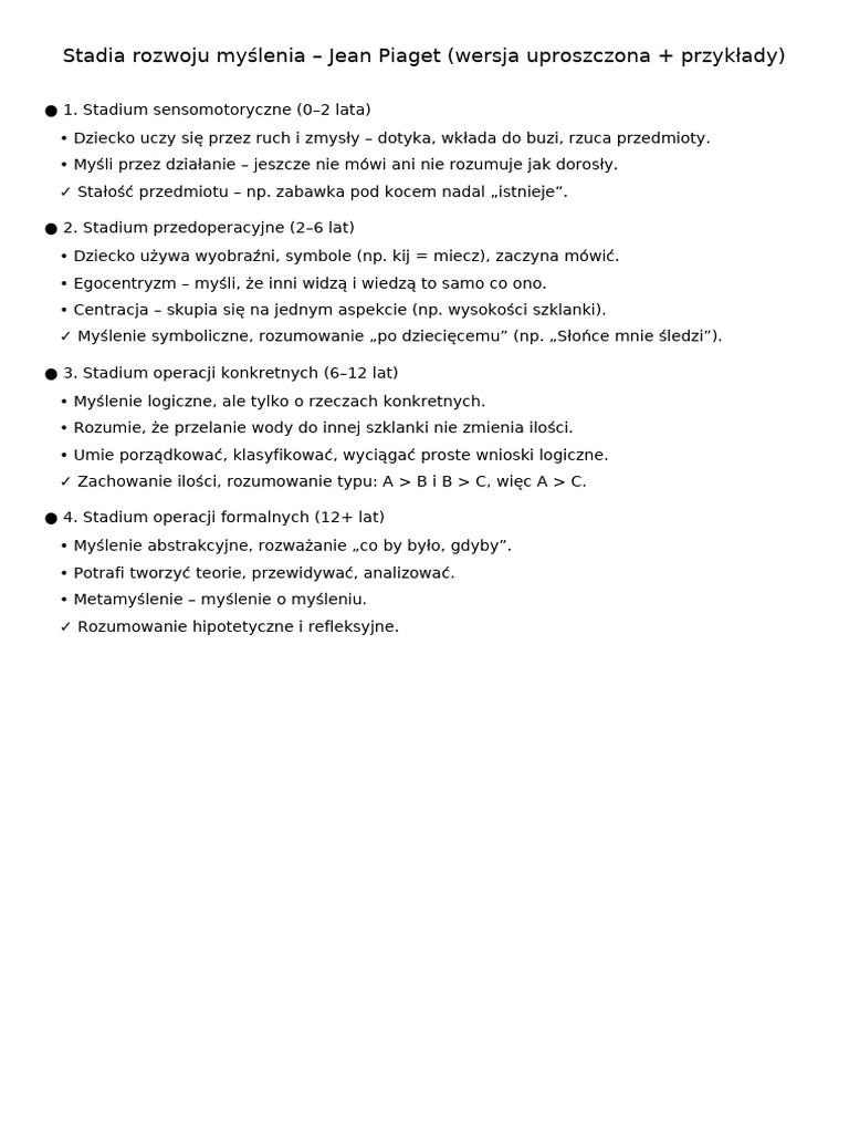 Stadia Rozwoju Myslenia Piaget | PDF