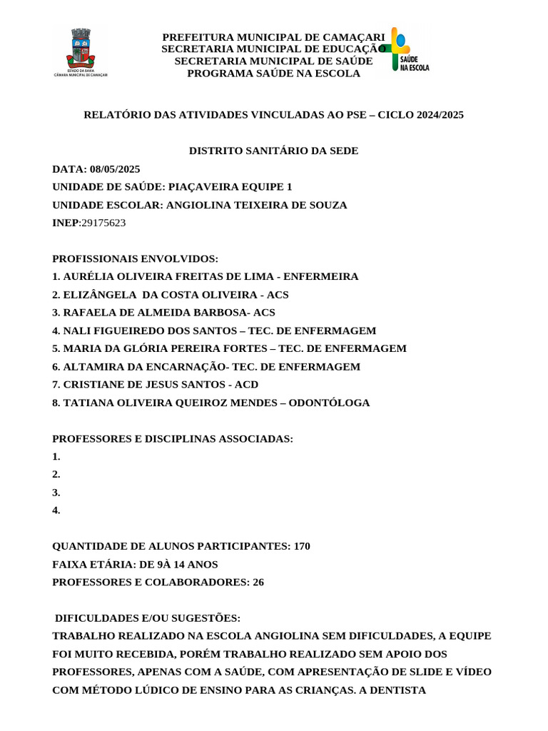 Relatório Das Atividades Do Pse Maio | PDF