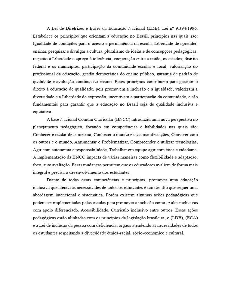 Princípios da LDB e BNCC na Educação Inclusiva | PDF