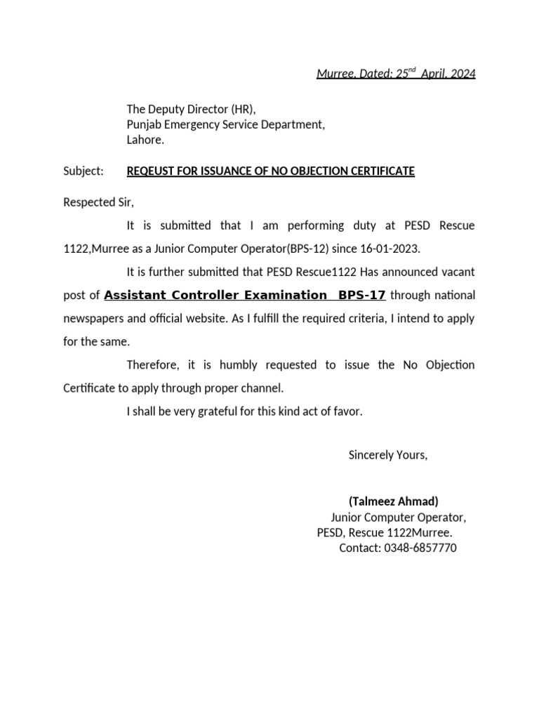 Request for No Objection Certificate | PDF