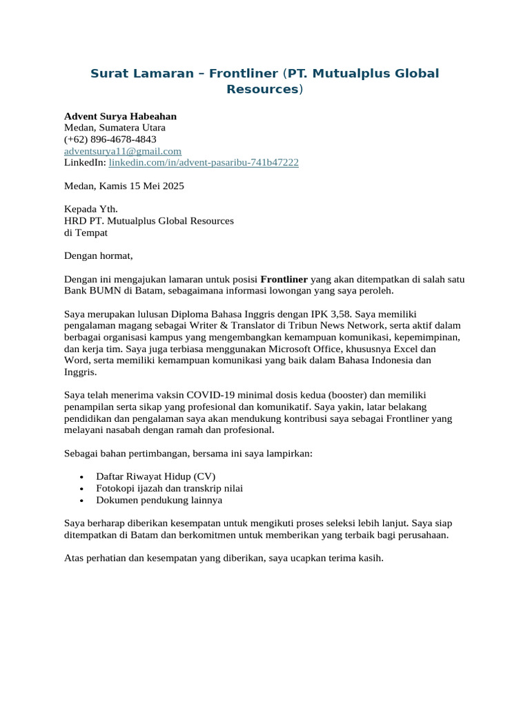 Surat Lamaran Frontliner (PT. Mutualplus Global Resources) | PDF
