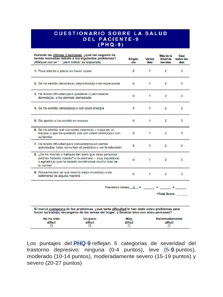 PHQ 9 - Depresión | PDF