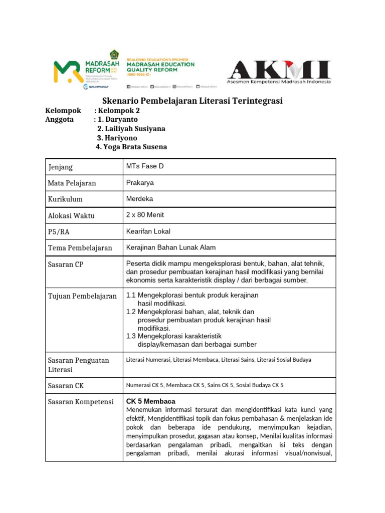 LK Skenario Pembelajaran Literasi Terintegrasi Kelompok 2 | PDF