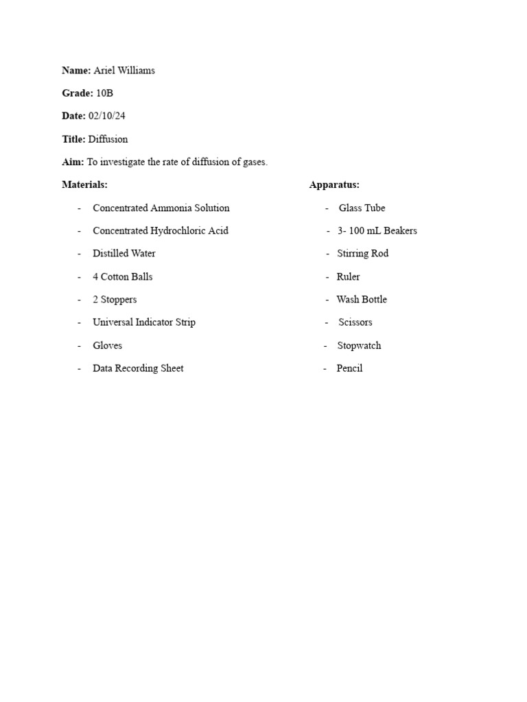 Chemsitry Lab #2 - Diffusion | PDF | Gases | Ammonia