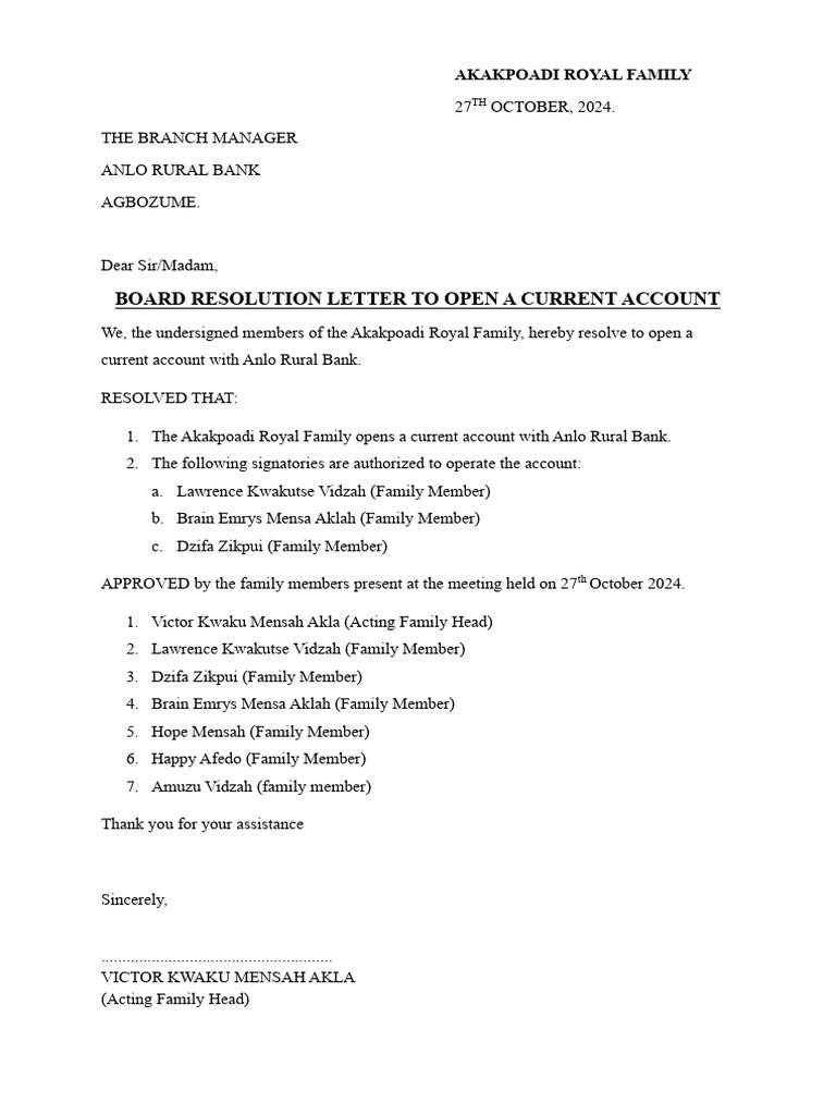 Board Resolution Letter To Open A Current Account | PDF