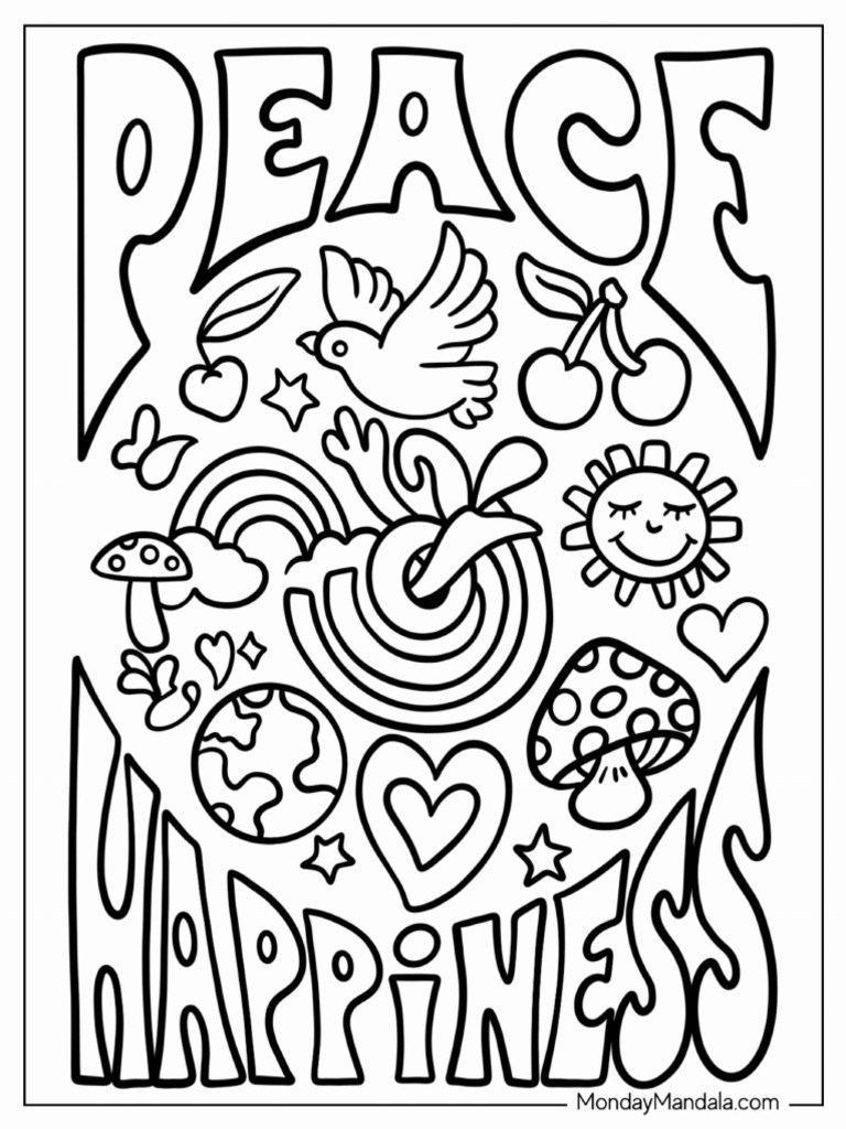 Peace and Happiness Hippie Coloring Page For Kids | PDF